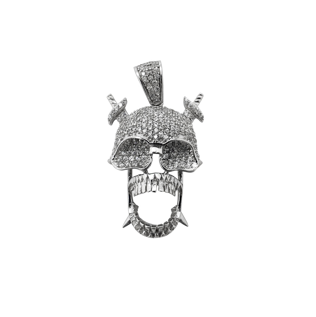 Iced-Out Skull with Crossed Sword Pendant (Silver) – Popular J
