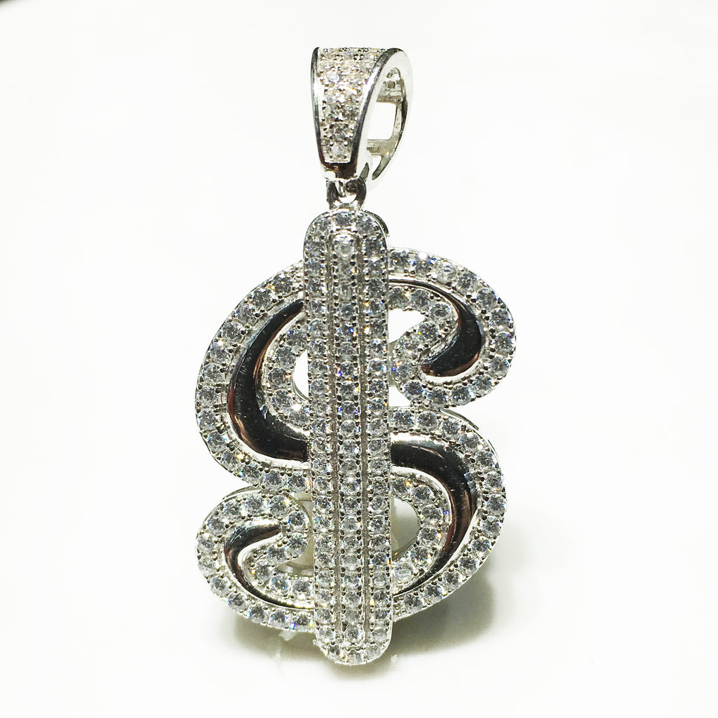 Iced-Out Dollar Sign Pendant (Silver) – Popular J