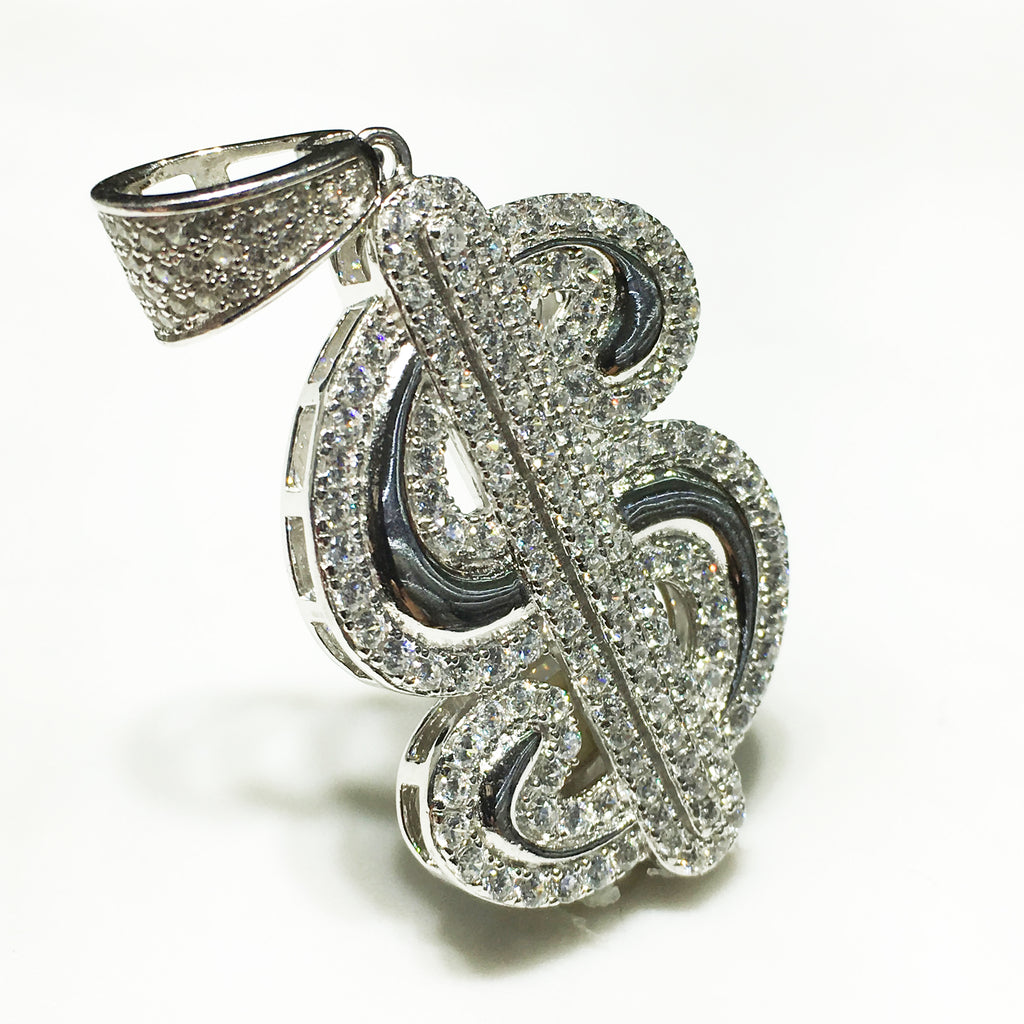 Iced-Out Dollar Sign Pendant (Silver) – Popular J