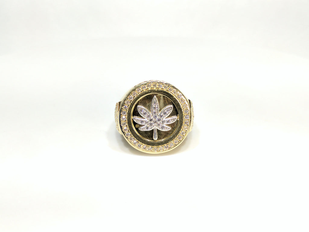 Iced Out Bezel Marijuana Leaf Signet Ring 10K – Popular J