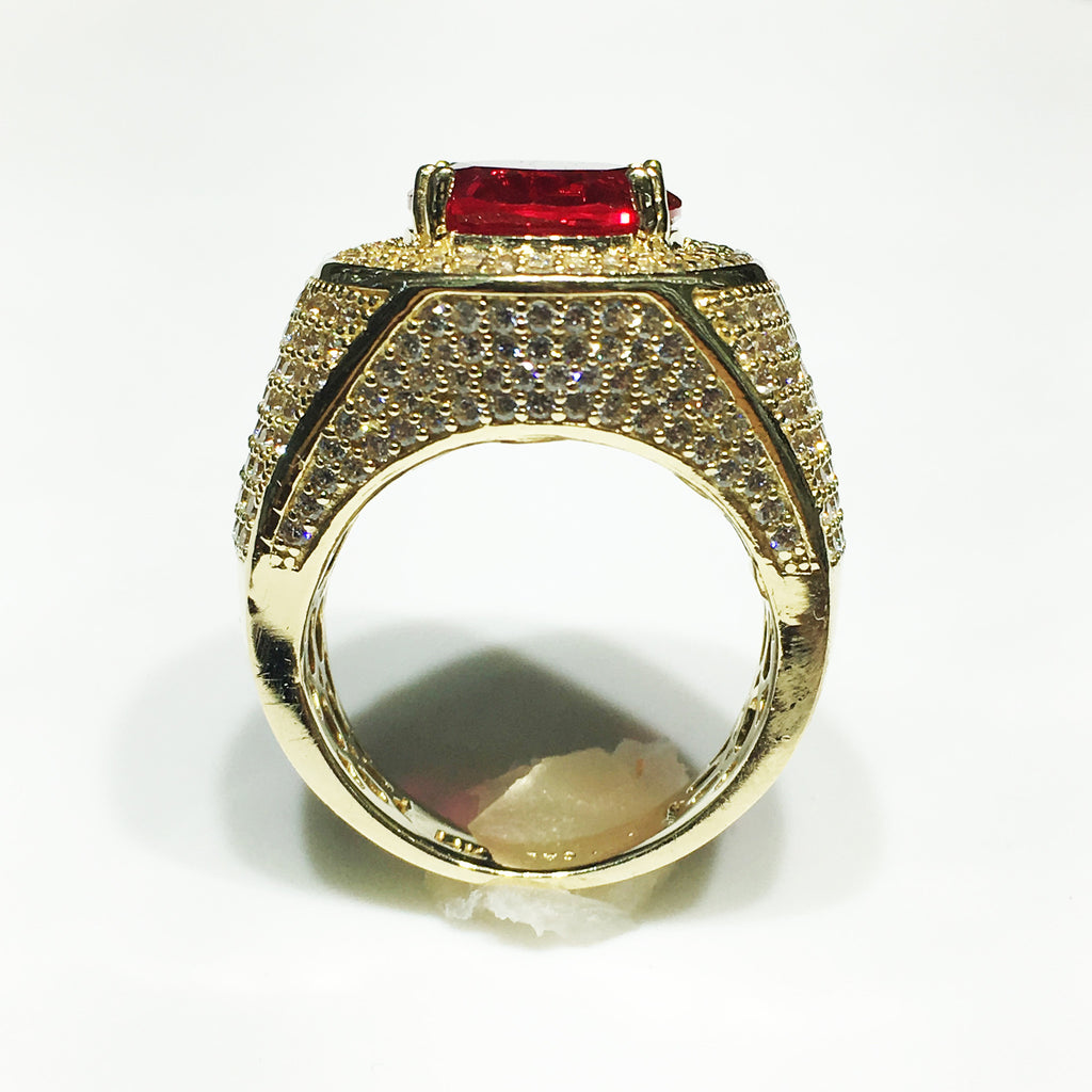 Men's Iced-Out Red Stone Ring 14K – Popular J