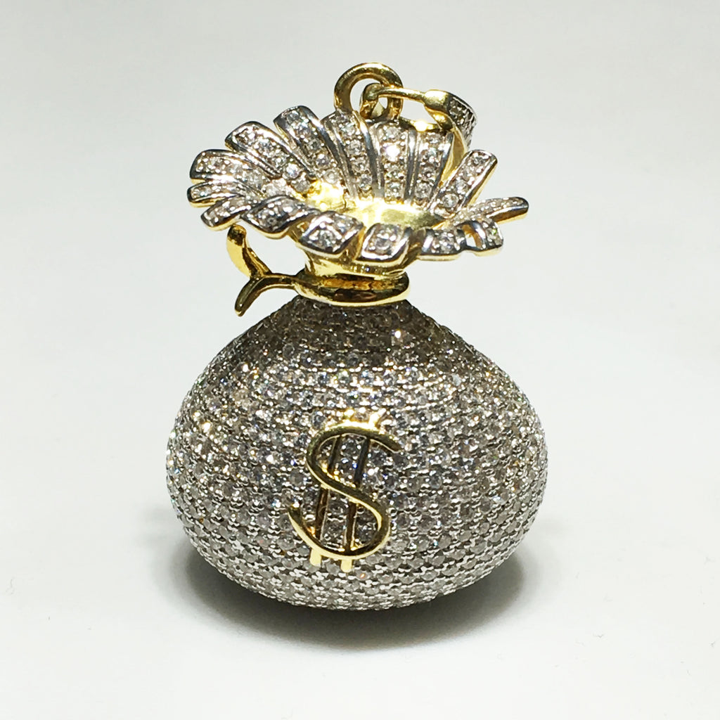 Iced-Out Money Bag Pendant (Silver) – Popular J
